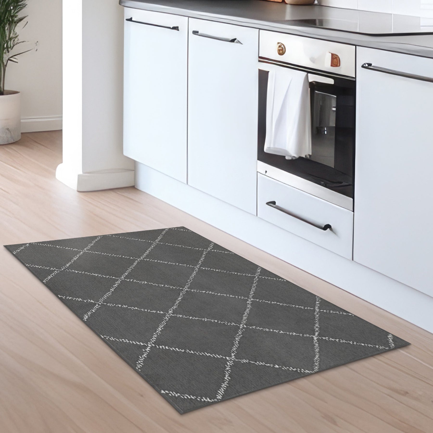 Medina Moroccan Diamond Grey Dining Room Washable Rug | My Magic Carpet